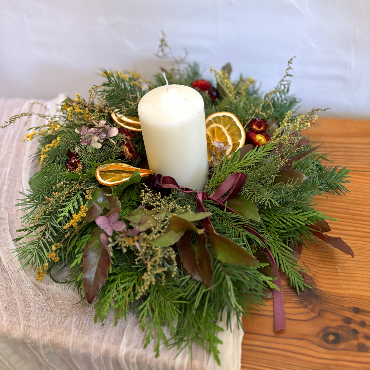 Christmas Carol Mini-wreath with Pillar Candle - Heather's Flower Farm